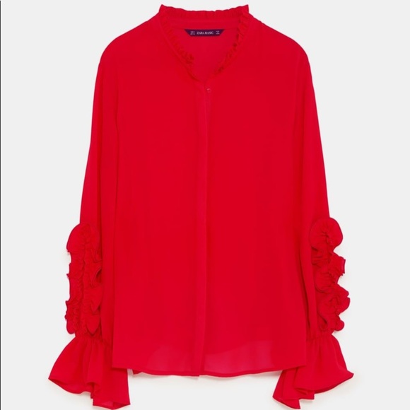Zara | Tops | Zara Red Ruffle Sleeve Collar Blouse Sz Xs Nwt | Poshmark